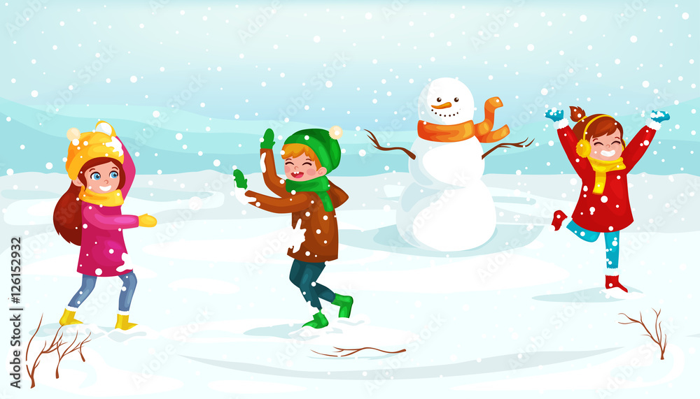 Winter kids Vector illustration. Boy and girl playing in snowballs ...
