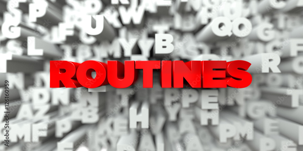 ROUTINES - Red text on typography background - 3D rendered royalty free ...