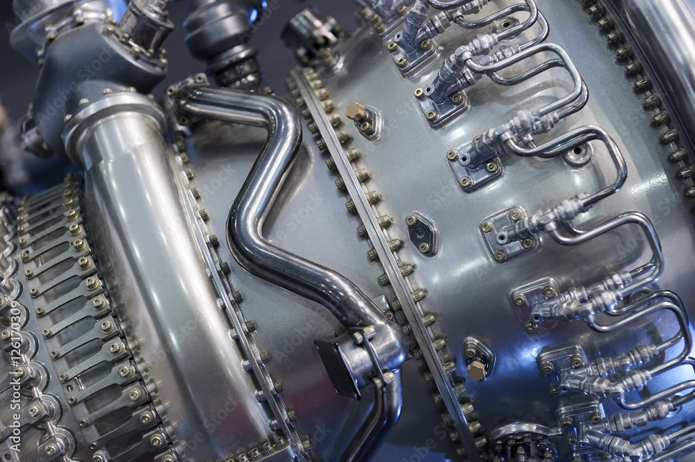 Engine of fighter jet, internal structure with hydraulic, fuel pipes ...