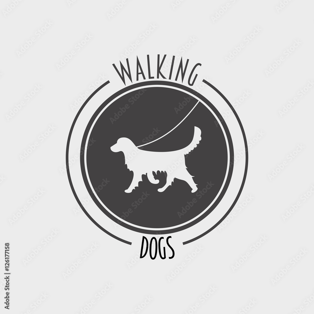 Walking dog badge, label, logo or symbol design concept with golden ...