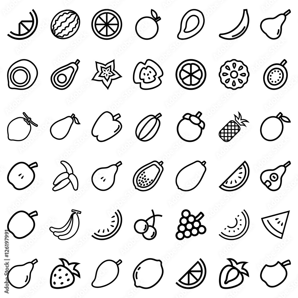 Tropical Fruits Icon Simple Outline Line Art Collection Set Stock ...