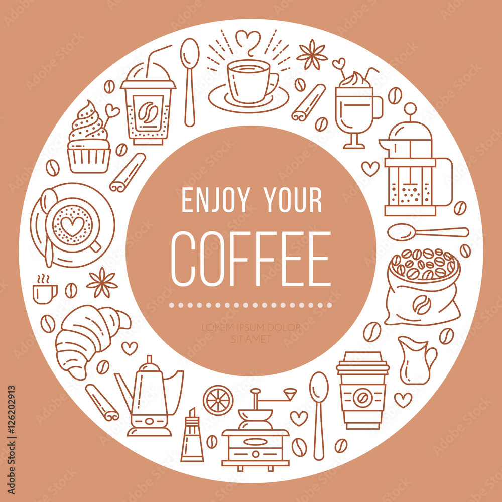 Coffee shop poster template. Vector line illustration of coffeemaking ...