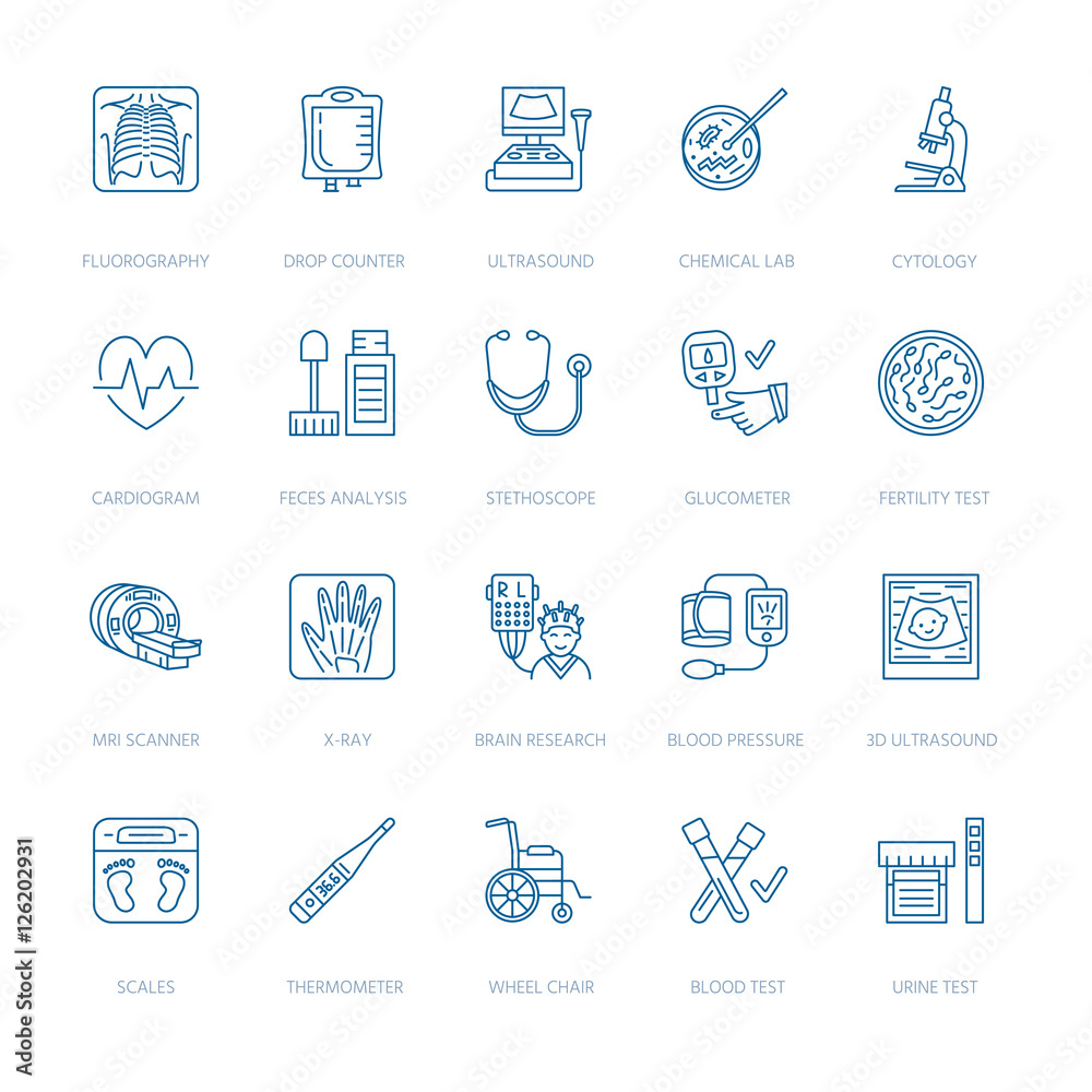 Vector thin line icon of medical equipment, research. Medical check-up ...