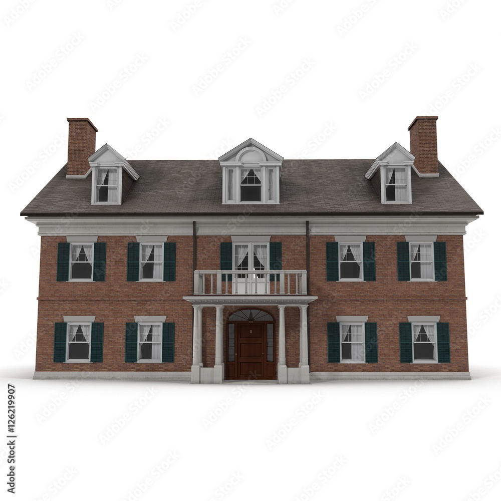 Colonial style reproduction home exterior on white. Front view. 3D ...