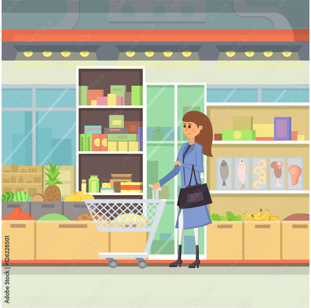 Shopping in a mall cartoon illustration. Peopple in Centre vector. Food ...