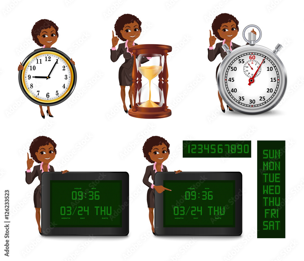 Set of smiling cartoon African American business woman points to the ...