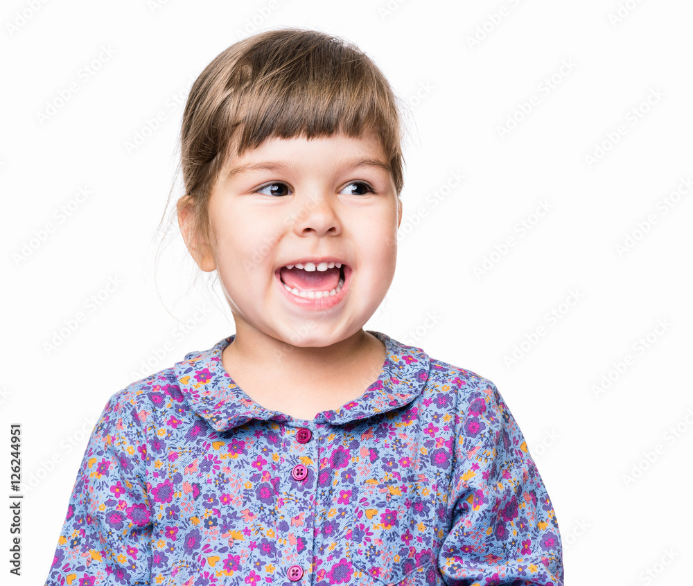 Emotional portrait of a 3 years old girl, laughing. Cute caucasian baby ...