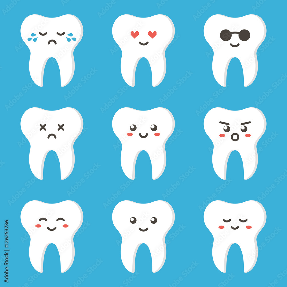Flat design cartoon cute tooth character with different facial ...