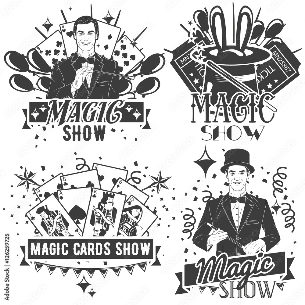 Vector set of magic show labels in vintage style isolated on white ...
