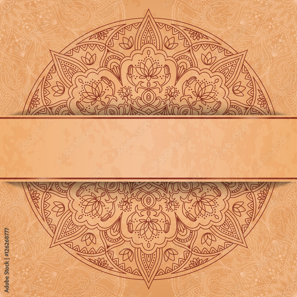 Square background with oriental round pattern and texture of old paper ...