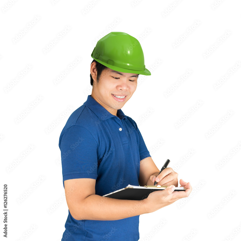 engineer wearing blue shirt with green helmet Stock Photo | Adobe Stock