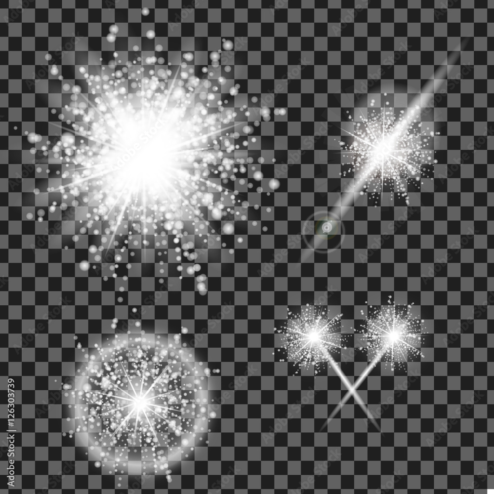 Set of glowing white light effects with transparency isolated on plaid ...