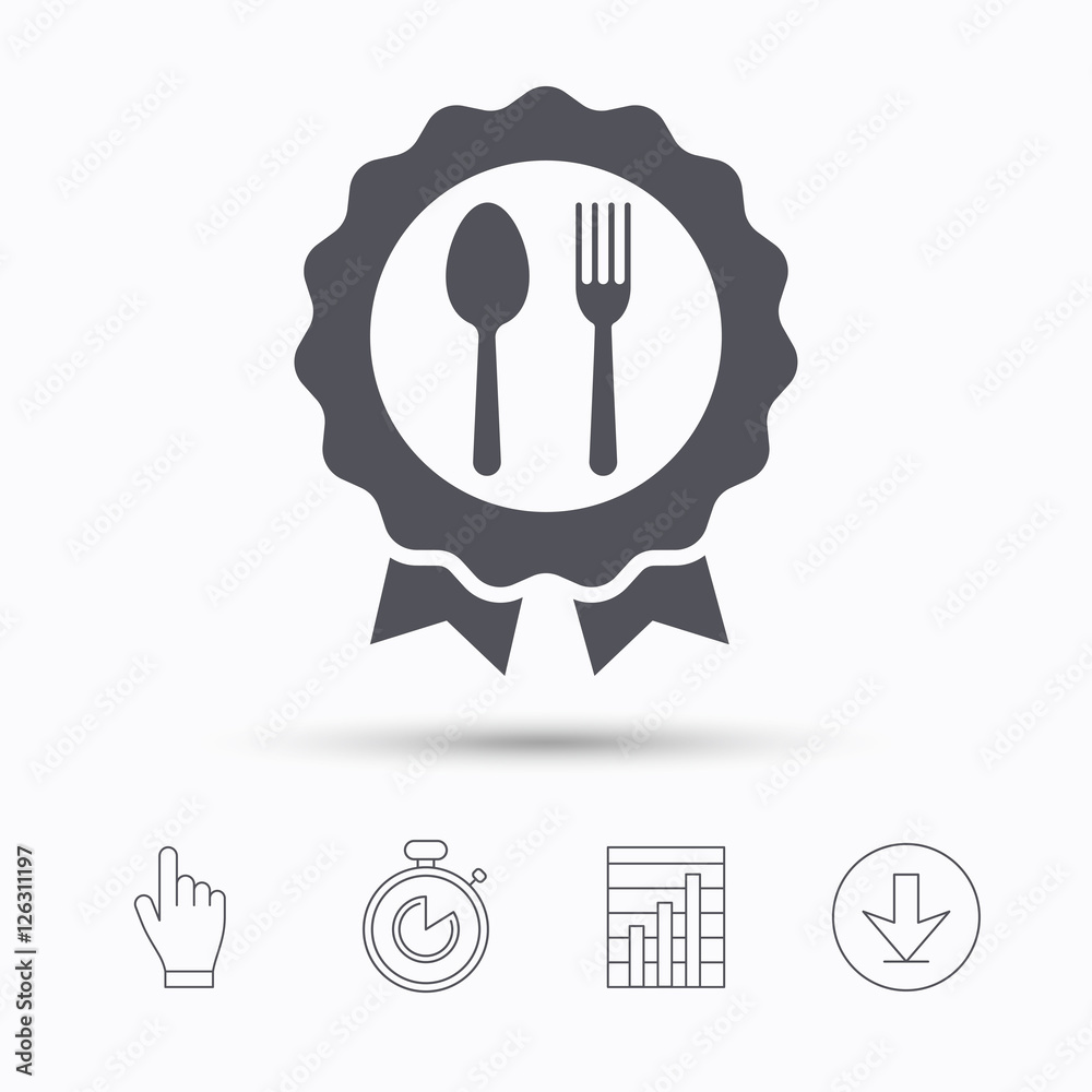 Award medal icon. Food winner emblem symbol. Fork and spoon signs ...