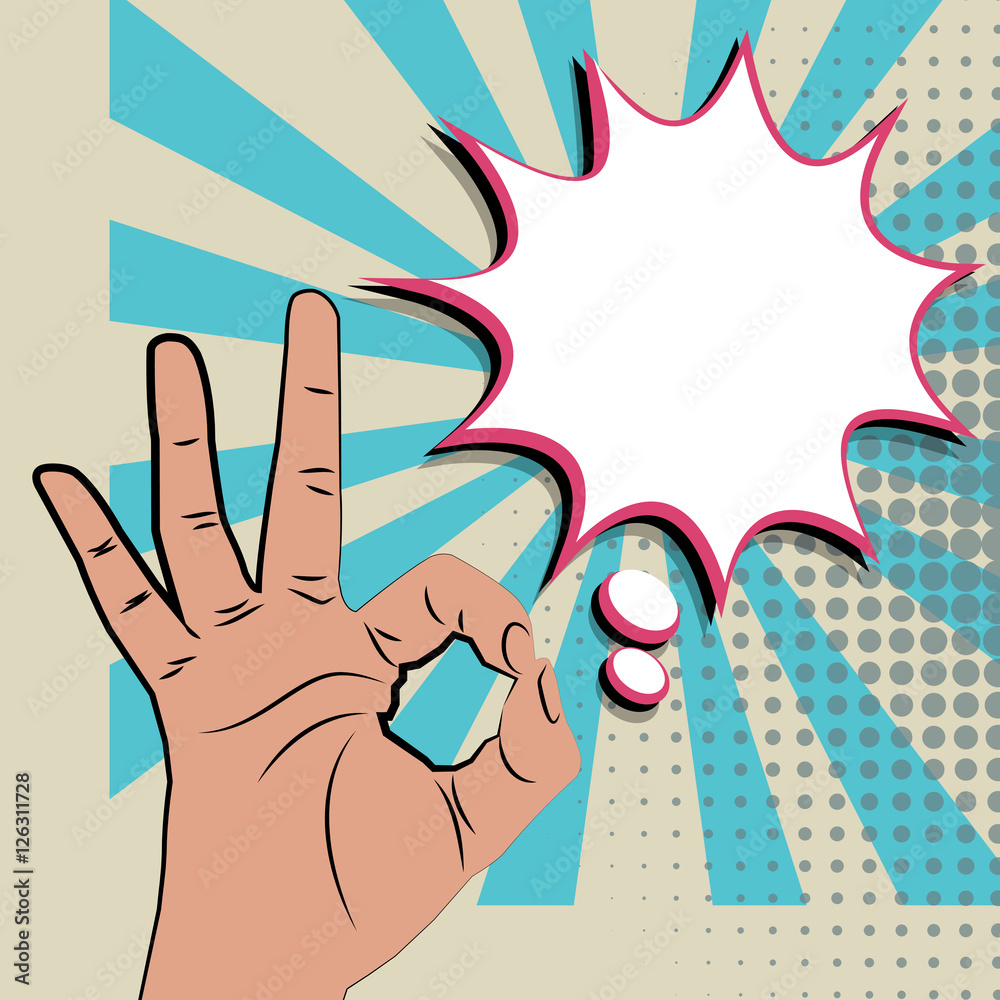 Hand sign comic retro pop art style white round bubble. Gestures okay ...