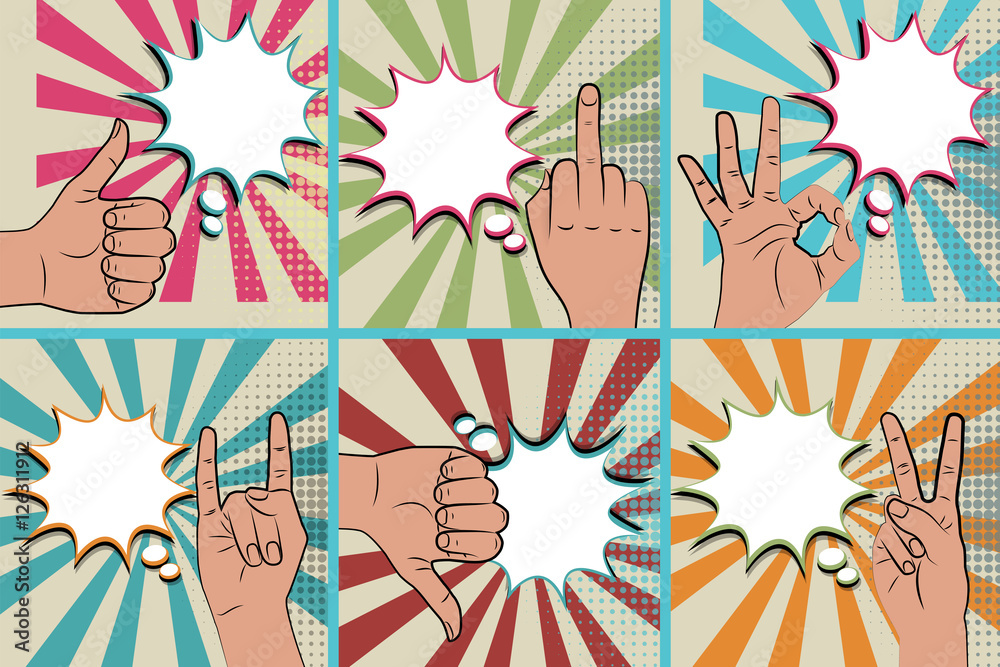 Vecteur Stock Hand sign comic retro pop art style white round bubble ...