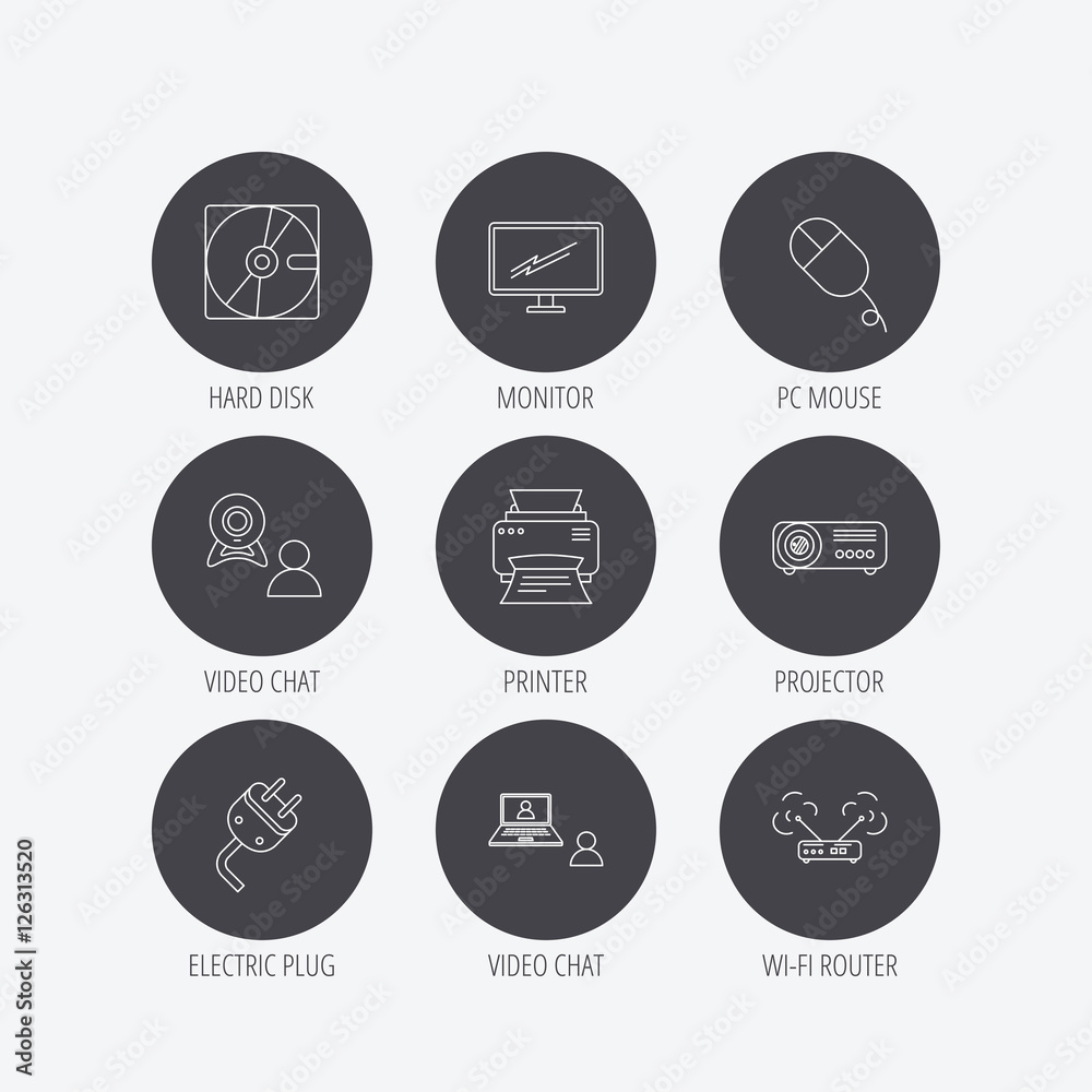 Monitor, printer and wi-fi router icons. Video chat, electric plug and ...