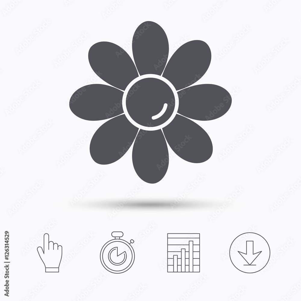 Flower icon. Florist plant with petals symbol. Stopwatch timer. Hand ...
