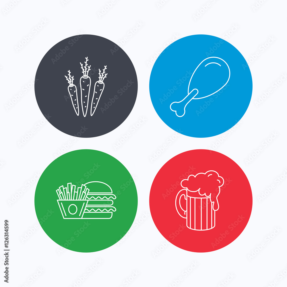 Hamburger, beer and chicken leg icons. Burger and chips fries linear ...