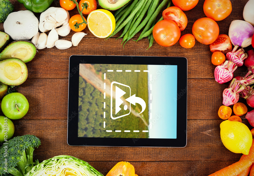 Tablet Surrounded by Produce Mockup Stock Template | Adobe Stock