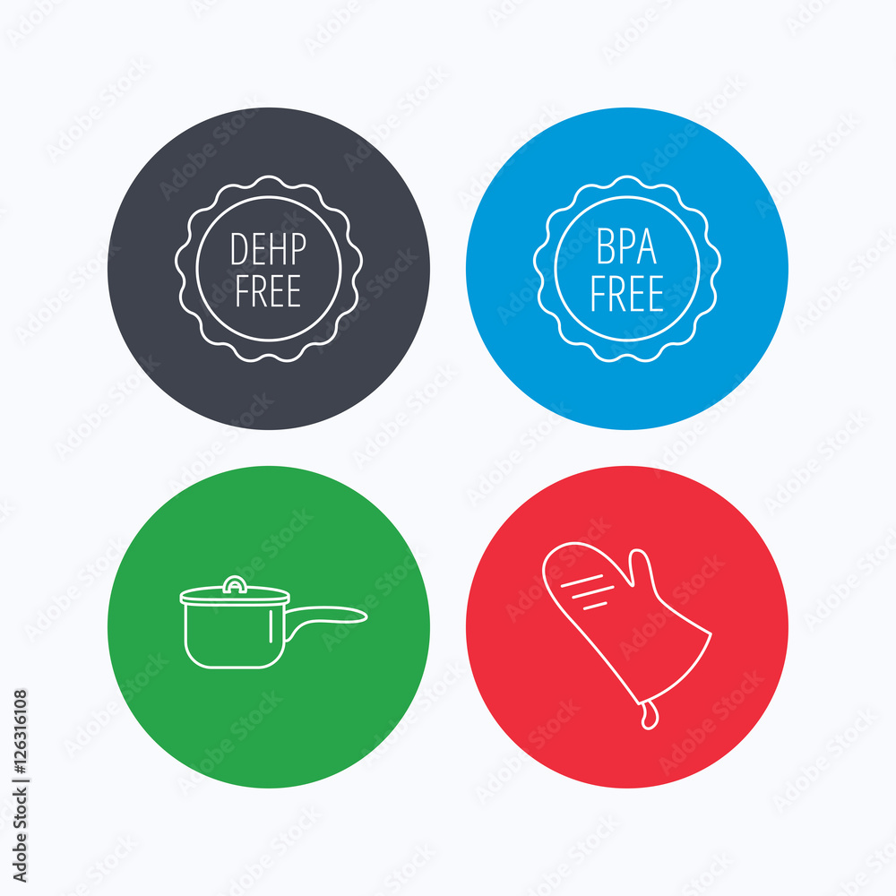 Saucepan, potholder and BPA free icons. DEHP free linear sign. Linear ...