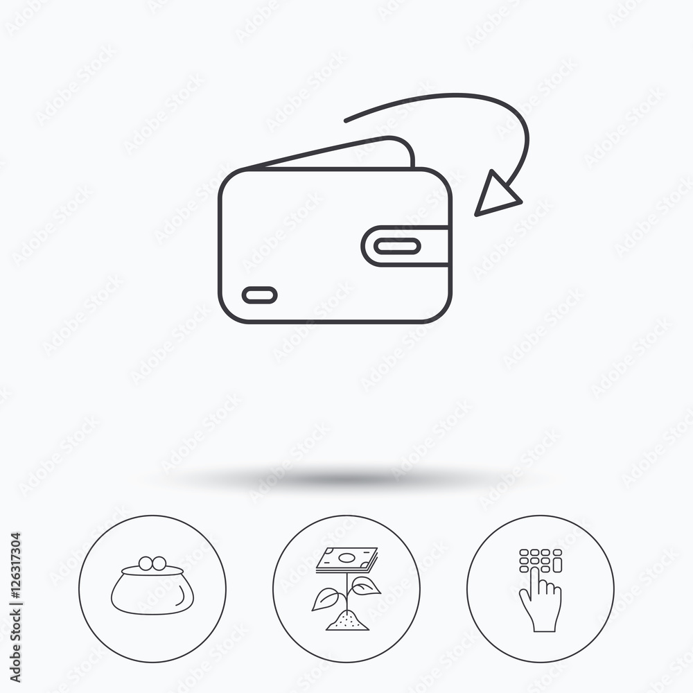 Cash money, profit and wallet icons. Receive money, enter code linear ...