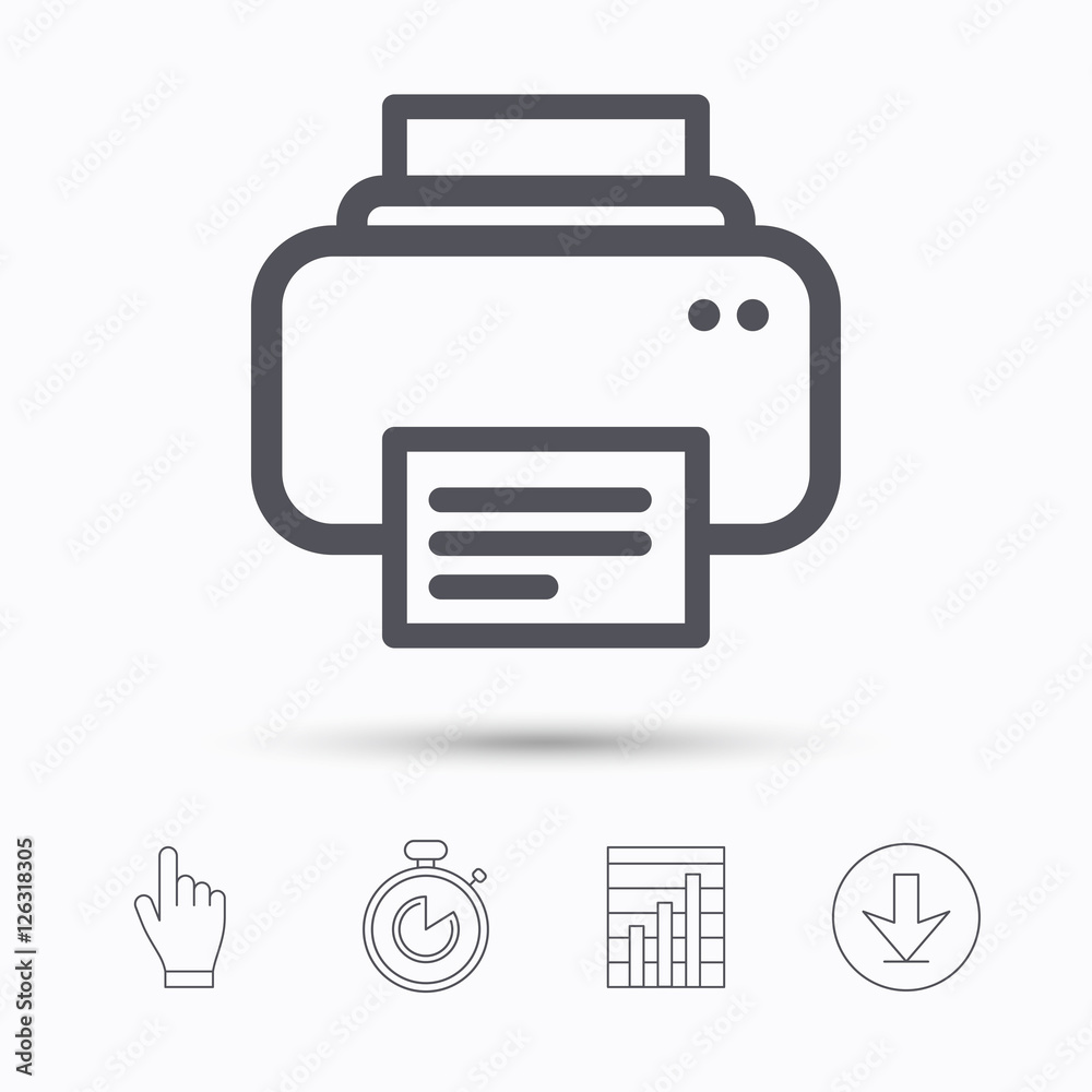 Printer icon. Print documents technology symbol. Stopwatch timer. Hand ...
