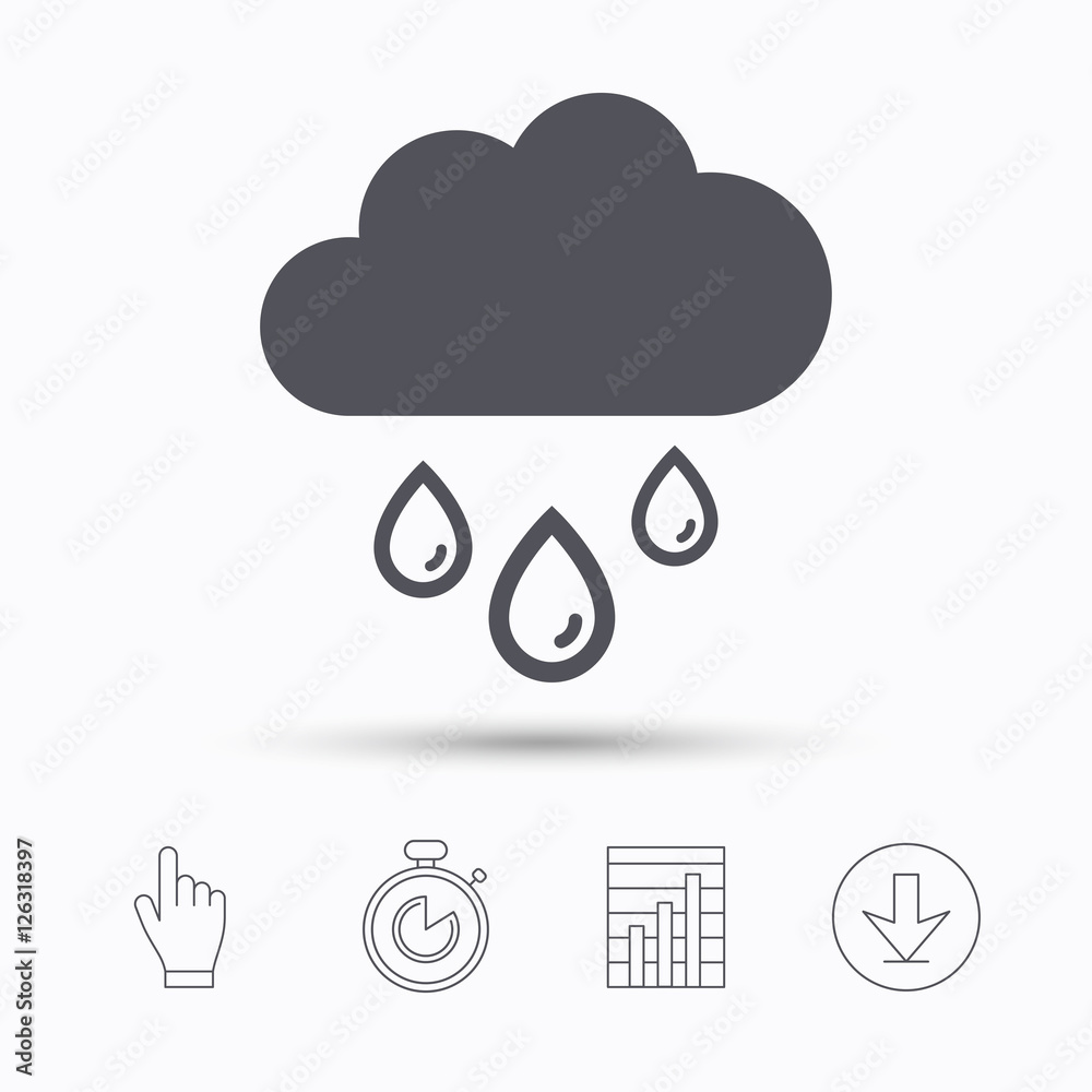 Cloud with rain drops icon. Rainy day symbol. Stopwatch timer. Hand ...