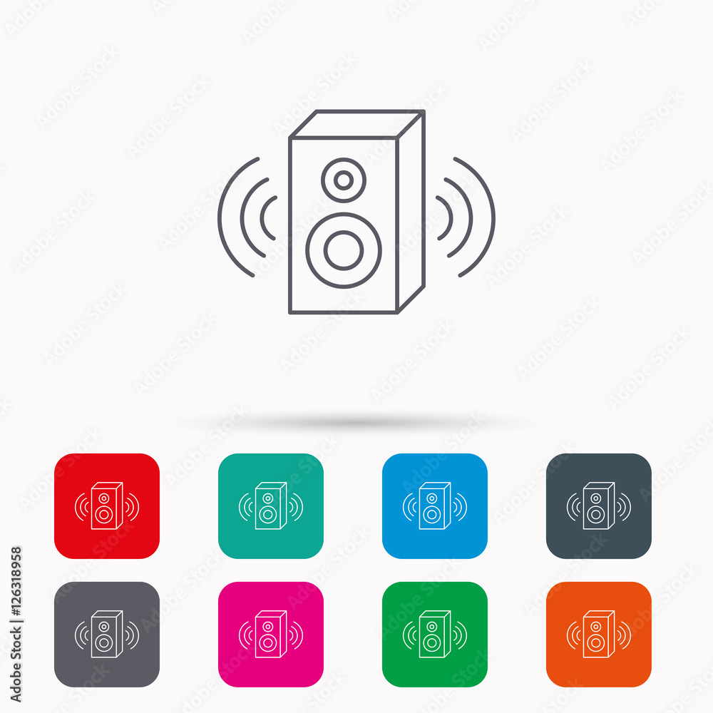 Sound icon. Musical speaker sign. Linear icons in squares on white ...