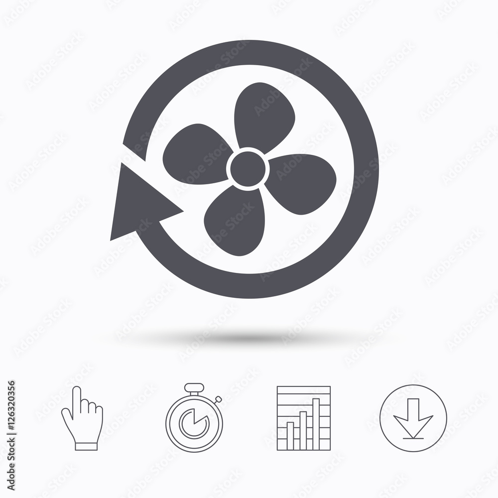 Ventilation icon. Air ventilator or fan symbol. Stopwatch timer. Hand ...