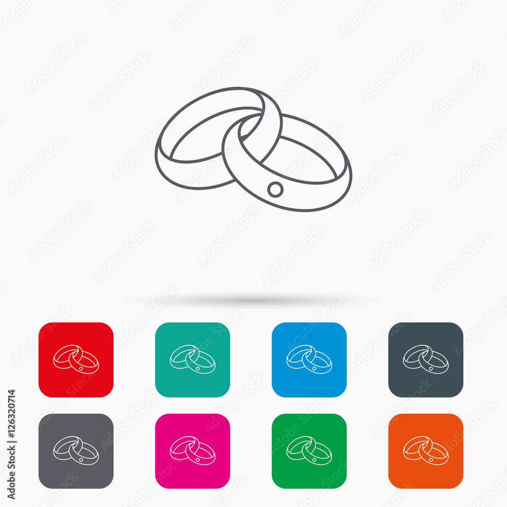 Wedding rings icon. Bride and groom jewelery sign. Linear icons in ...