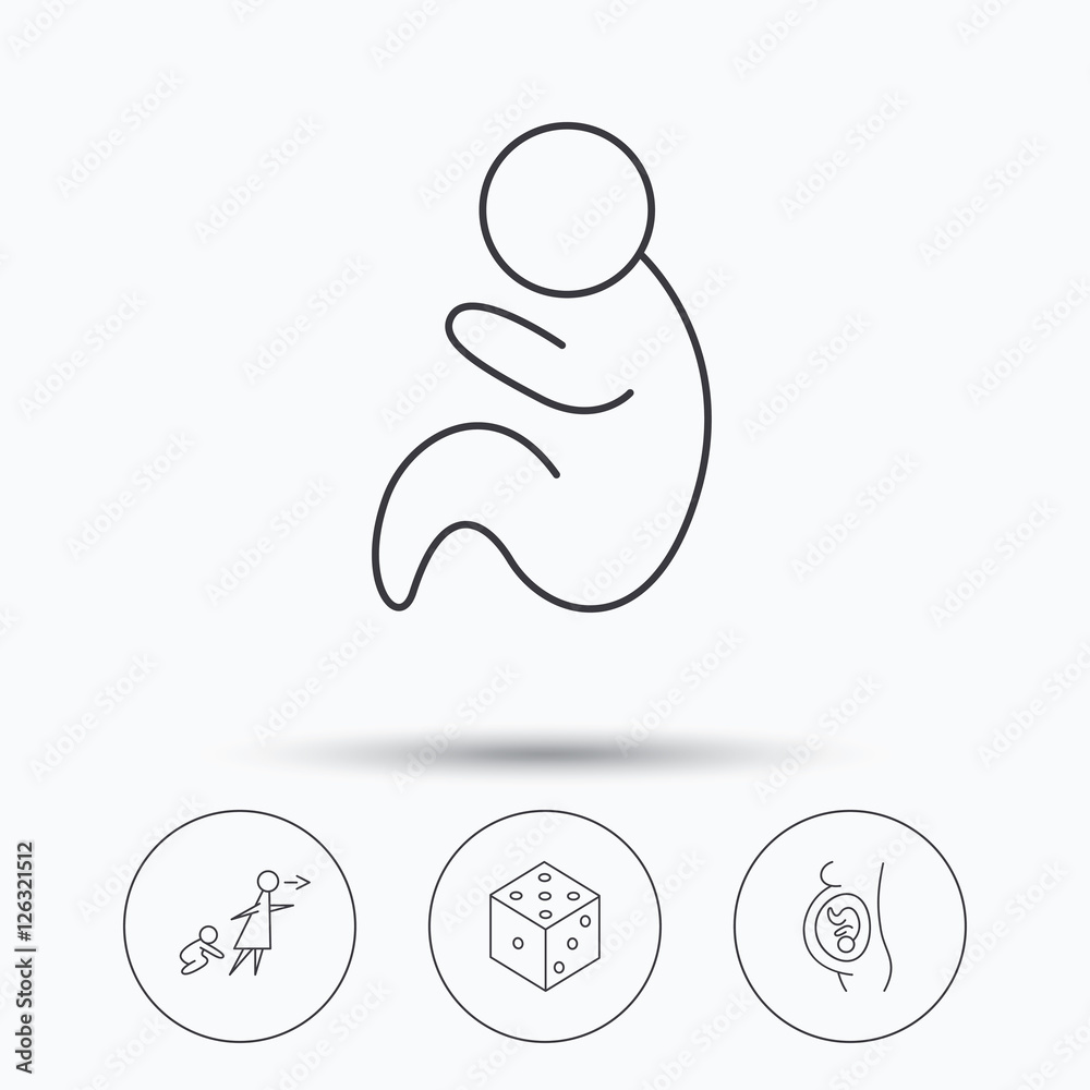 Pregnancy, paediatrics and dice icons. Unattended linear sign. Linear ...