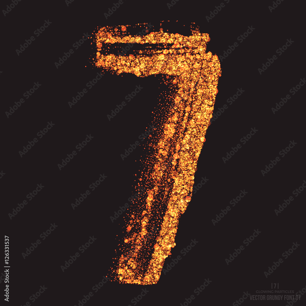Vector grungy font 001. Number 7. Abstract bright golden shimmer ...