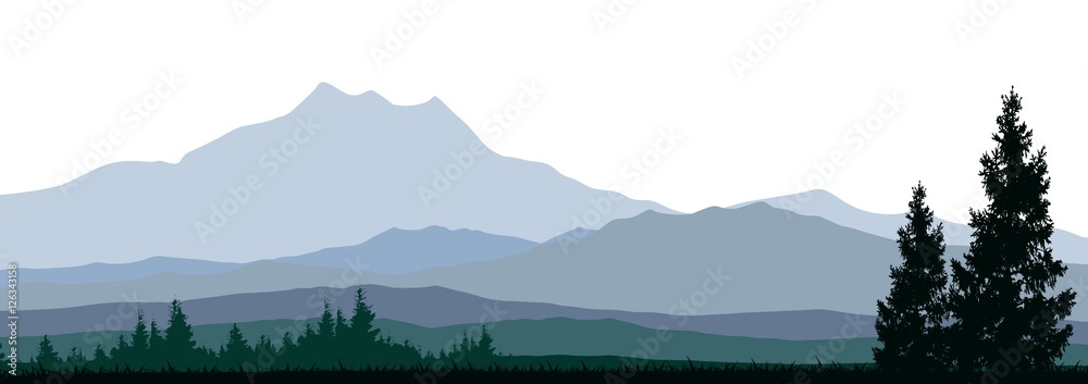 pine tree silhouette with mountain background Stock Illustration ...