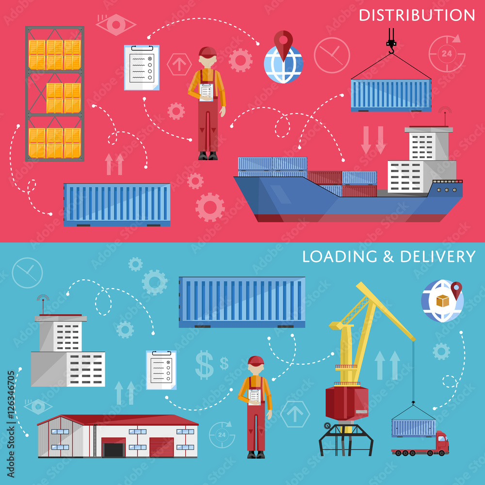 Sea port design concept set with container cargo and shipment flat ...