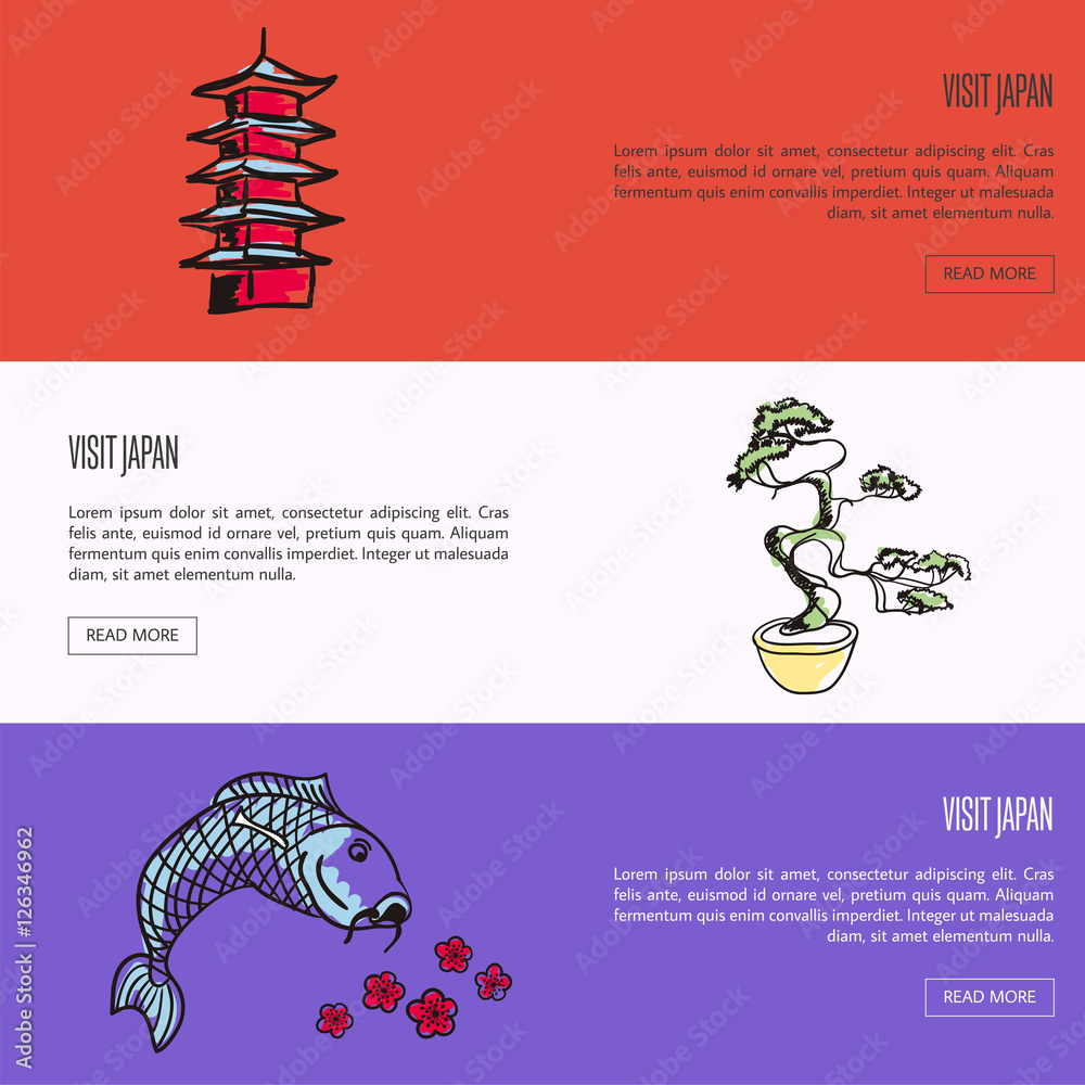 Visit Japan horizontal web banners. Koi fish, cherry flowers, bonsai ...