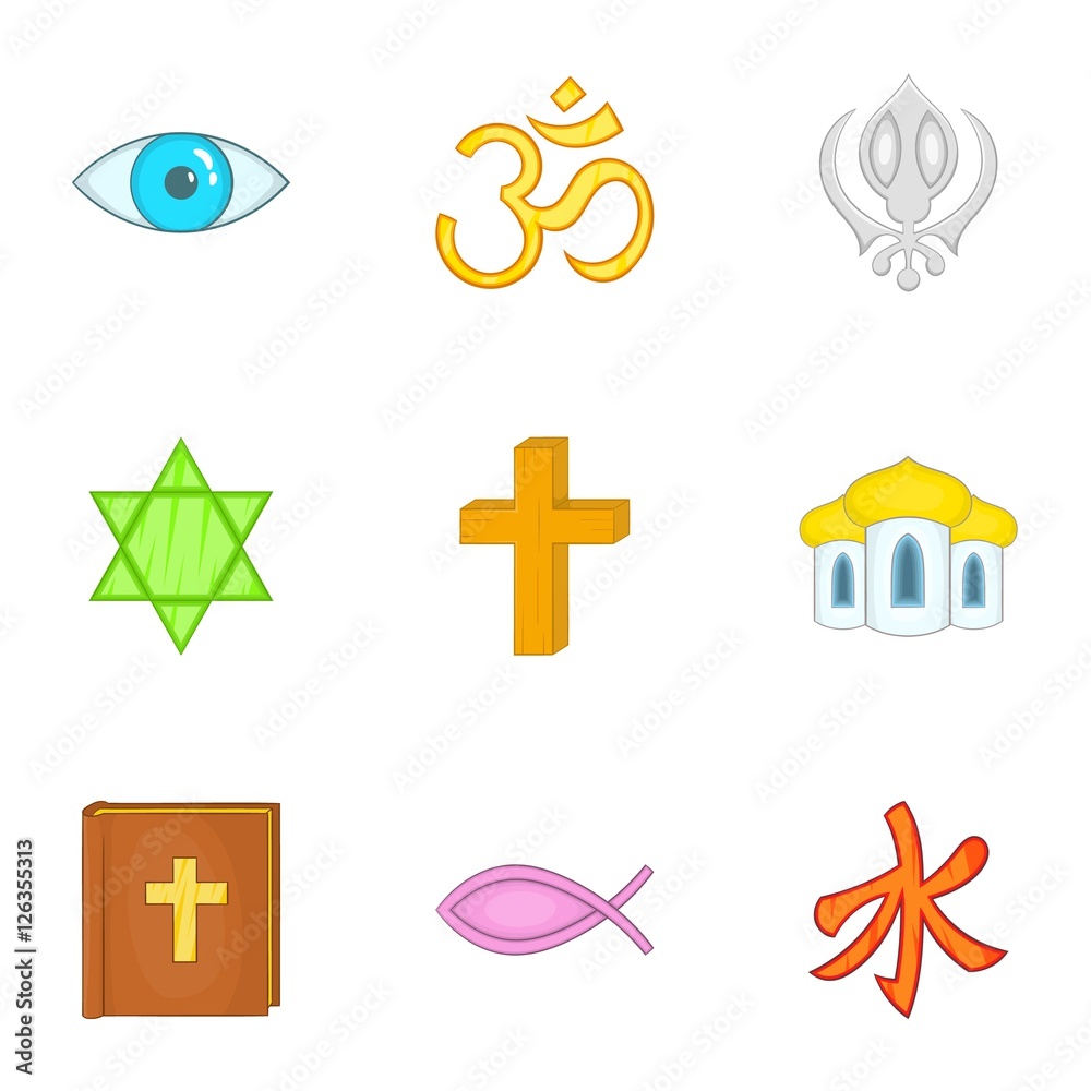 Spirituality icons set. Cartoon illustration of 9 spirituality vector ...