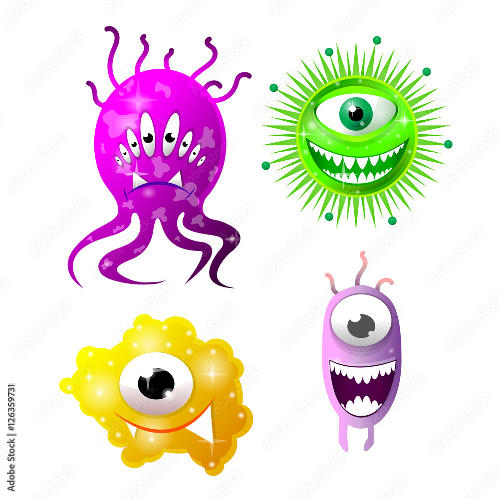 Set of cartoon bacteria, fun characters, cute monsters with different ...