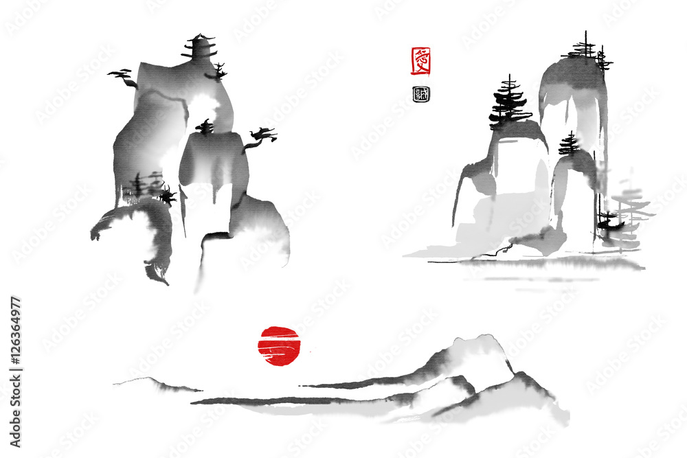 Set of mountain mist landscapes Japanese style original sumi-e ink ...