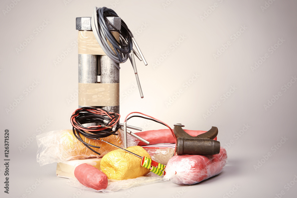 Contraband of plastic explosives and pipe bomb components Stock Photo ...