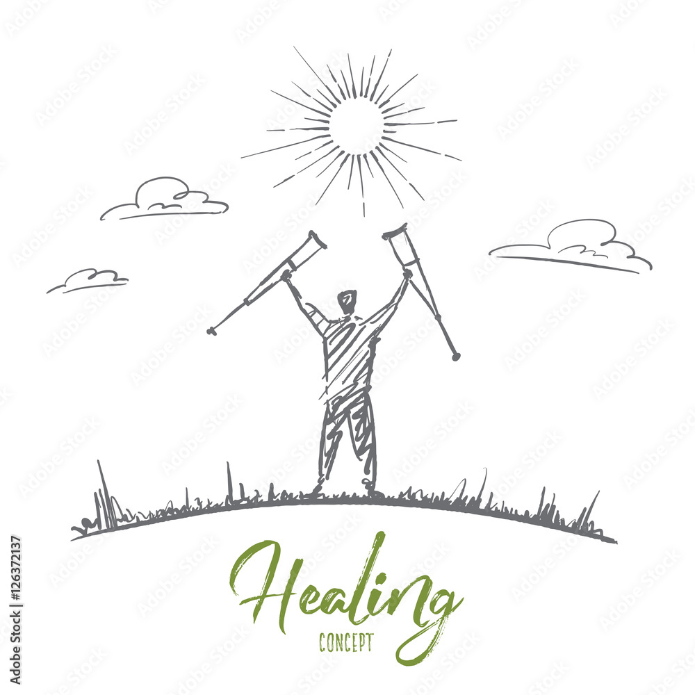 Vector hand drawn healing concept sketch. Happy man standing under the ...