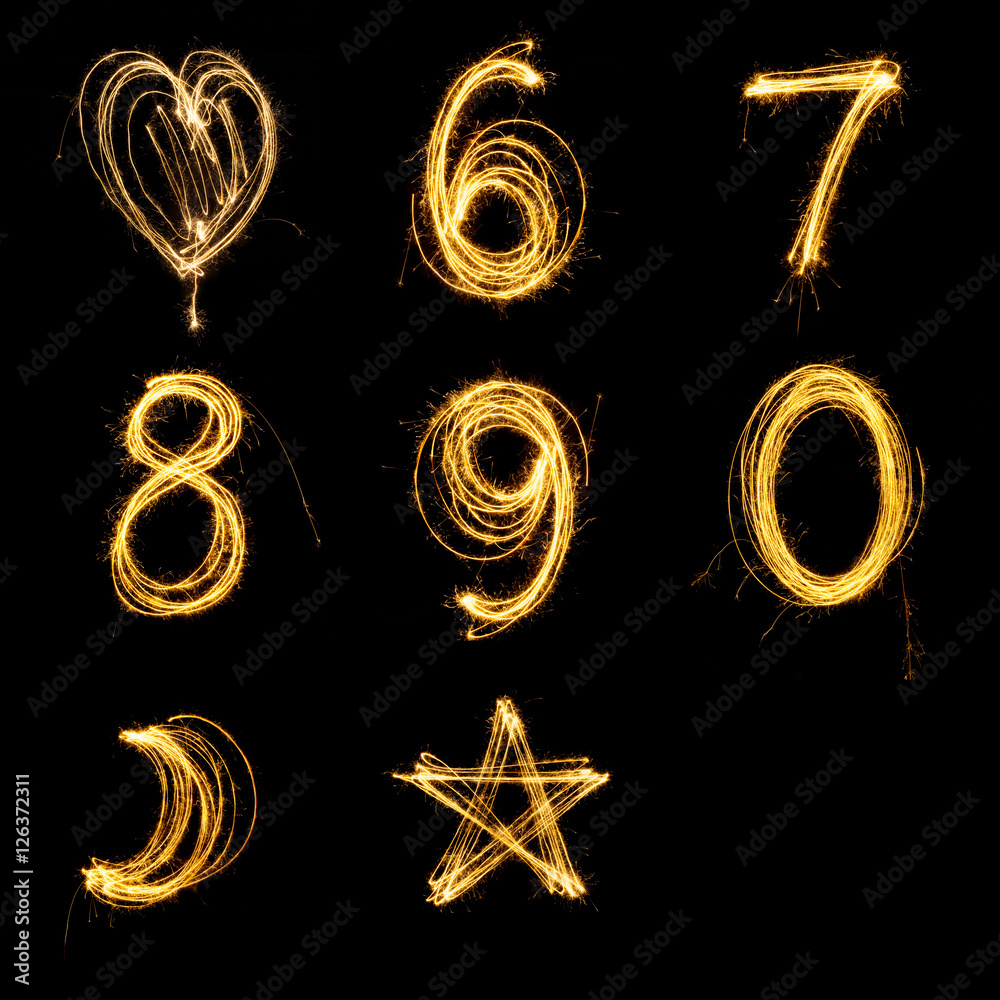 Collection of sparkler firework light alphabet number and sign. Stock ...