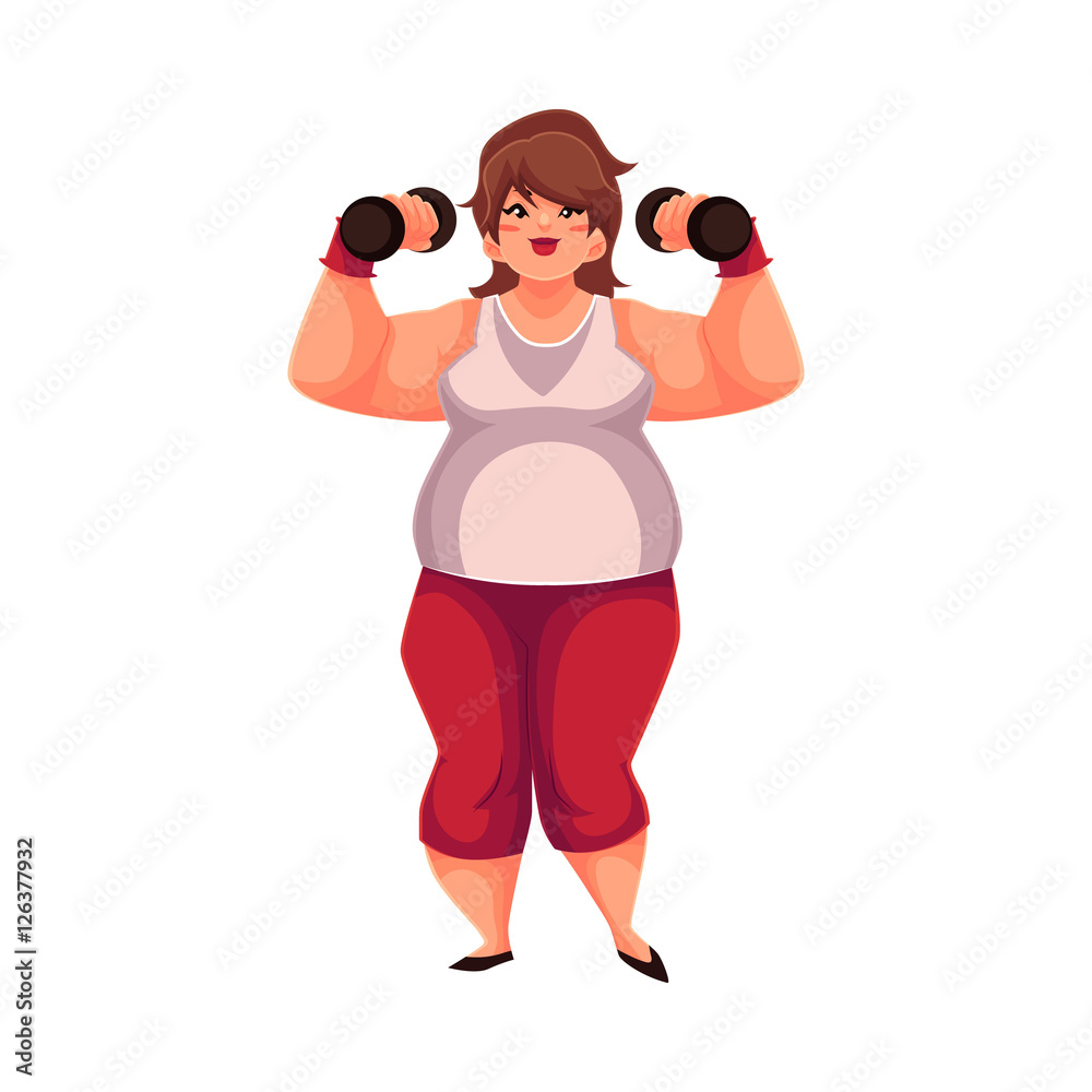 Fat Woman Training With Dumbbells Cartoon Vector Illustration Isolated