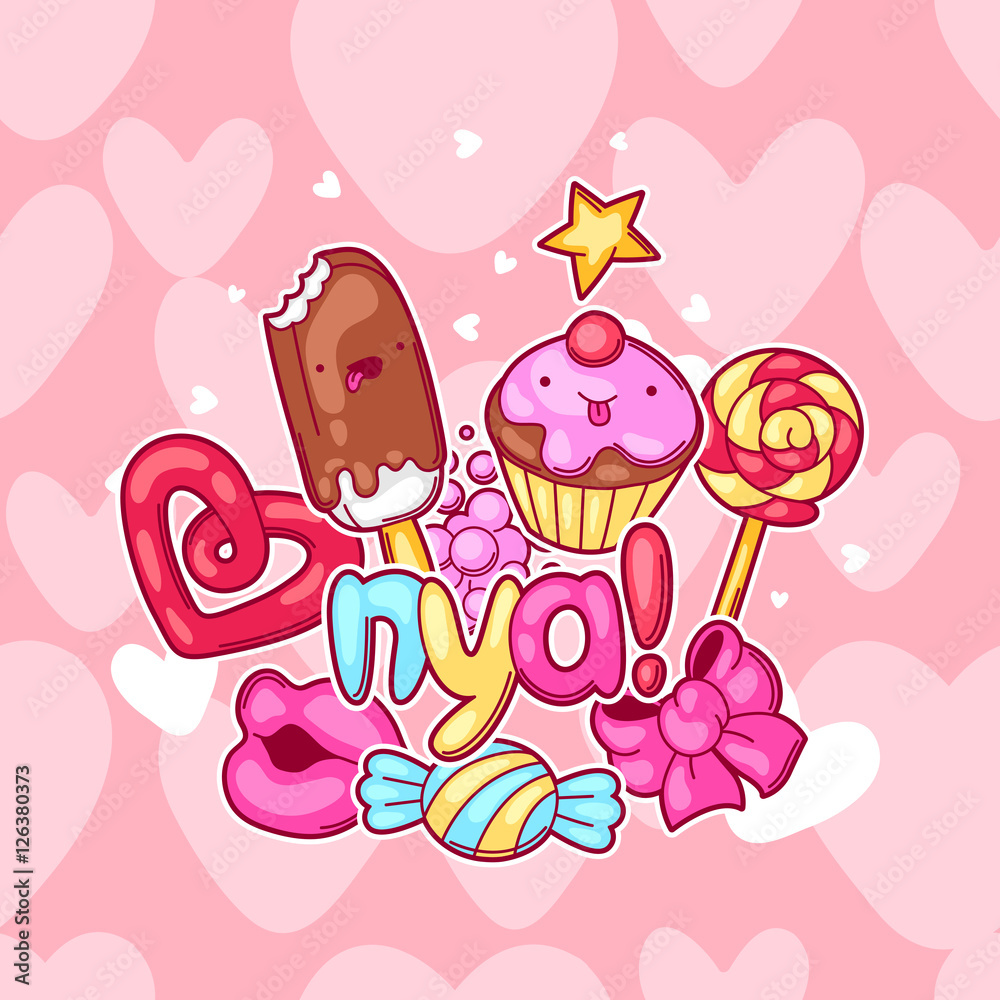 Kawaii background with sweets and candies. Crazy sweet-stuff in cartoon ...