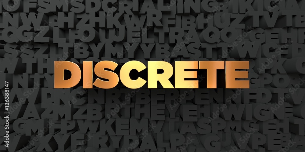 Discrete - Gold text on black background - 3D rendered royalty free ...