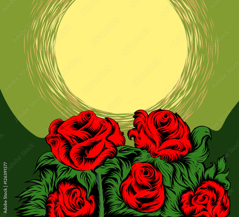 Red rose with full moon scene vector nature drawing background Stock ...