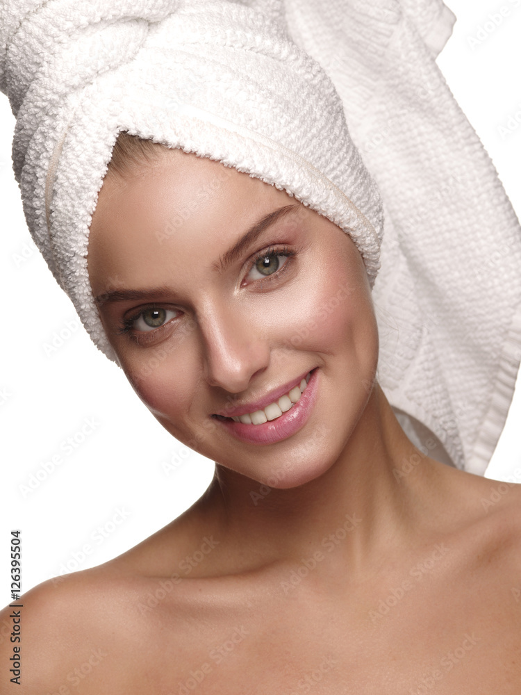 Portrait of a young girl with pure, healthy, smooth and natural glowing ...