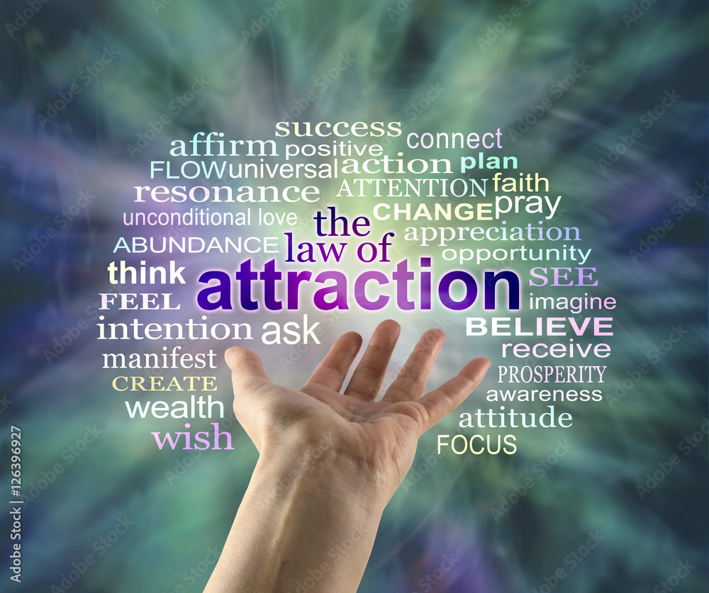Foto Stock The Law of Attraction Word Cloud - outstretched female hand ...