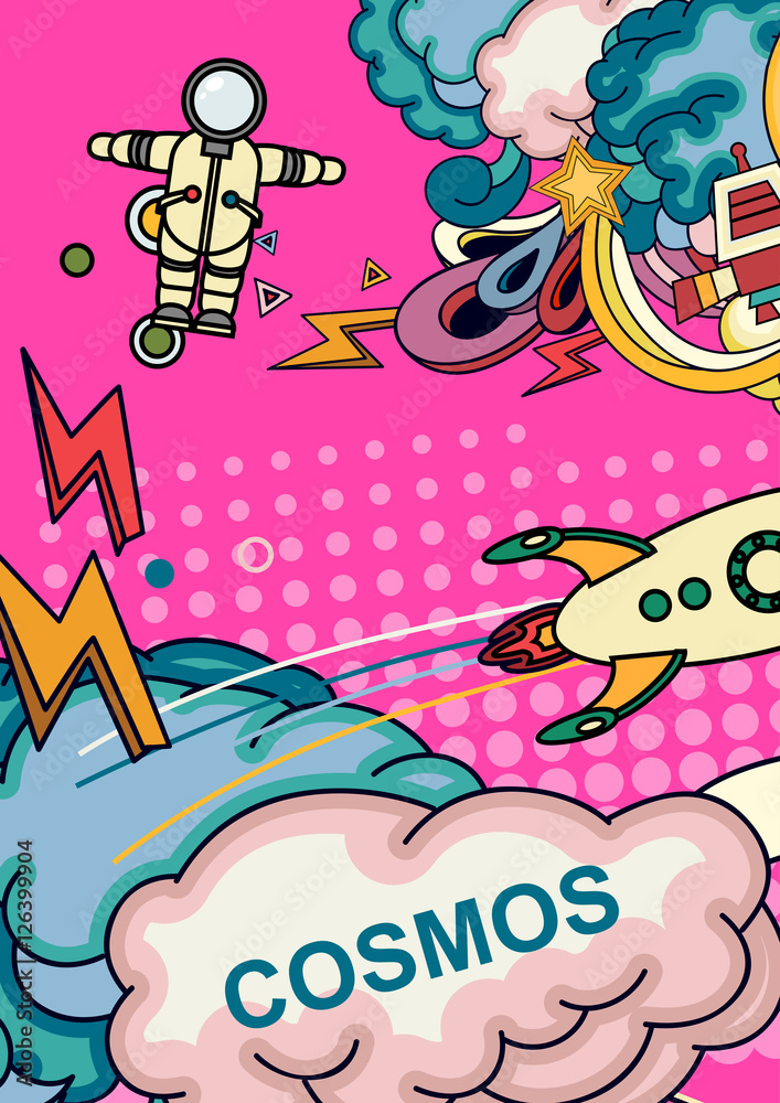 Cartoon vector illustration of space. Moon, planet, rocket, earth ...