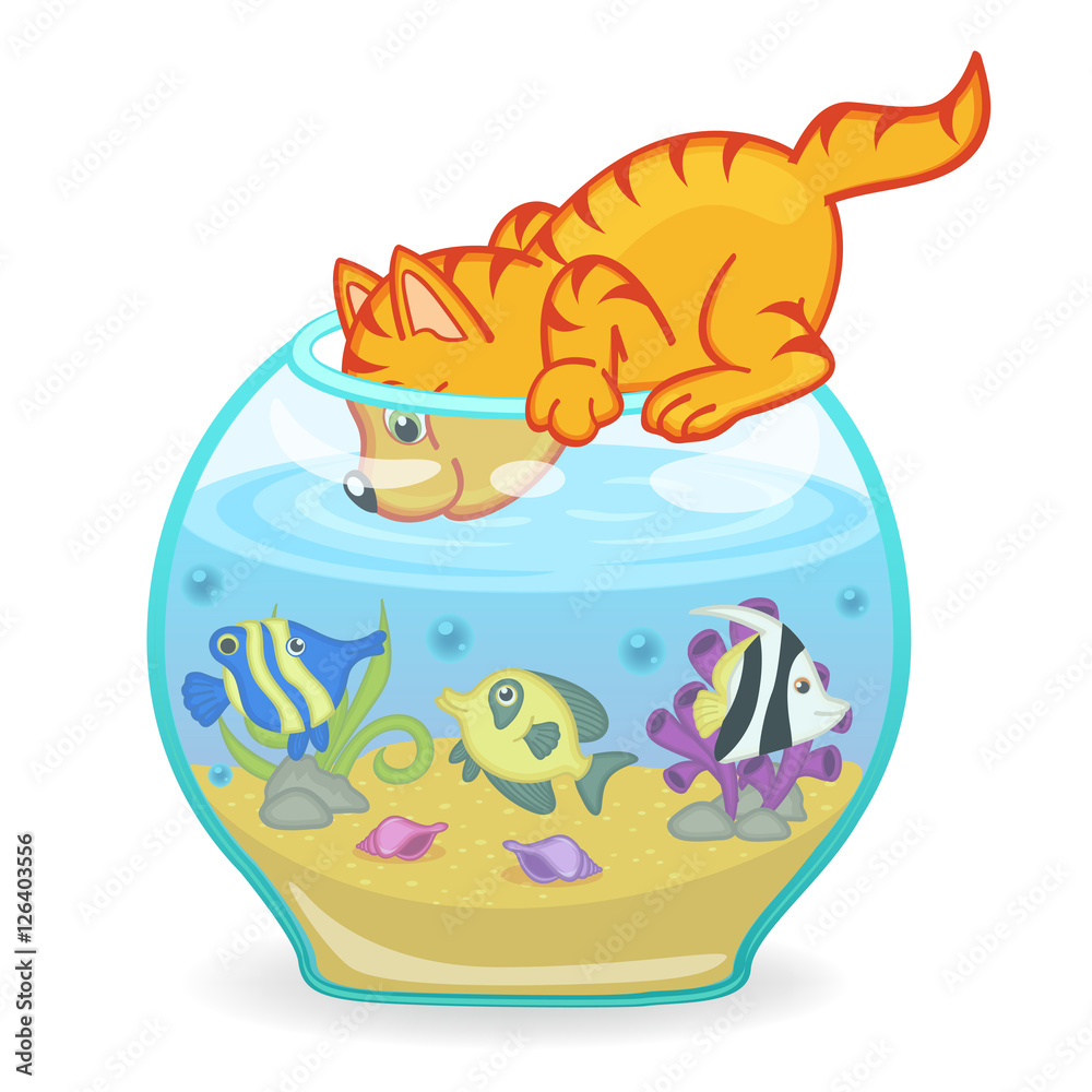 cat looking into the aquarium with fish - vector illustration, eps ...