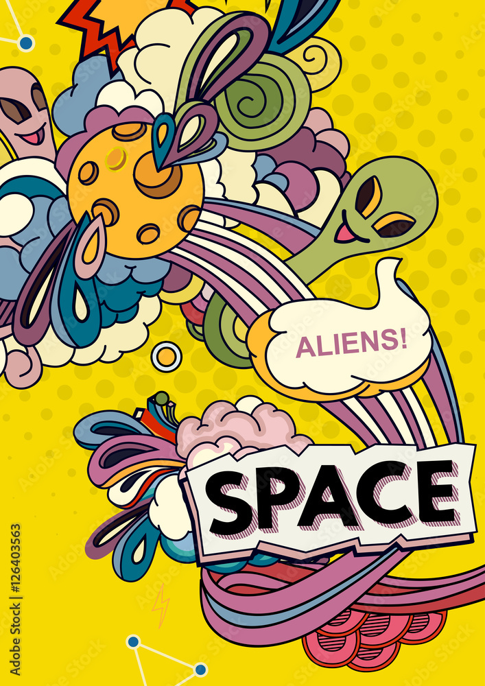 Cartoon vector illustration of space. Moon, planet, rocket, earth ...